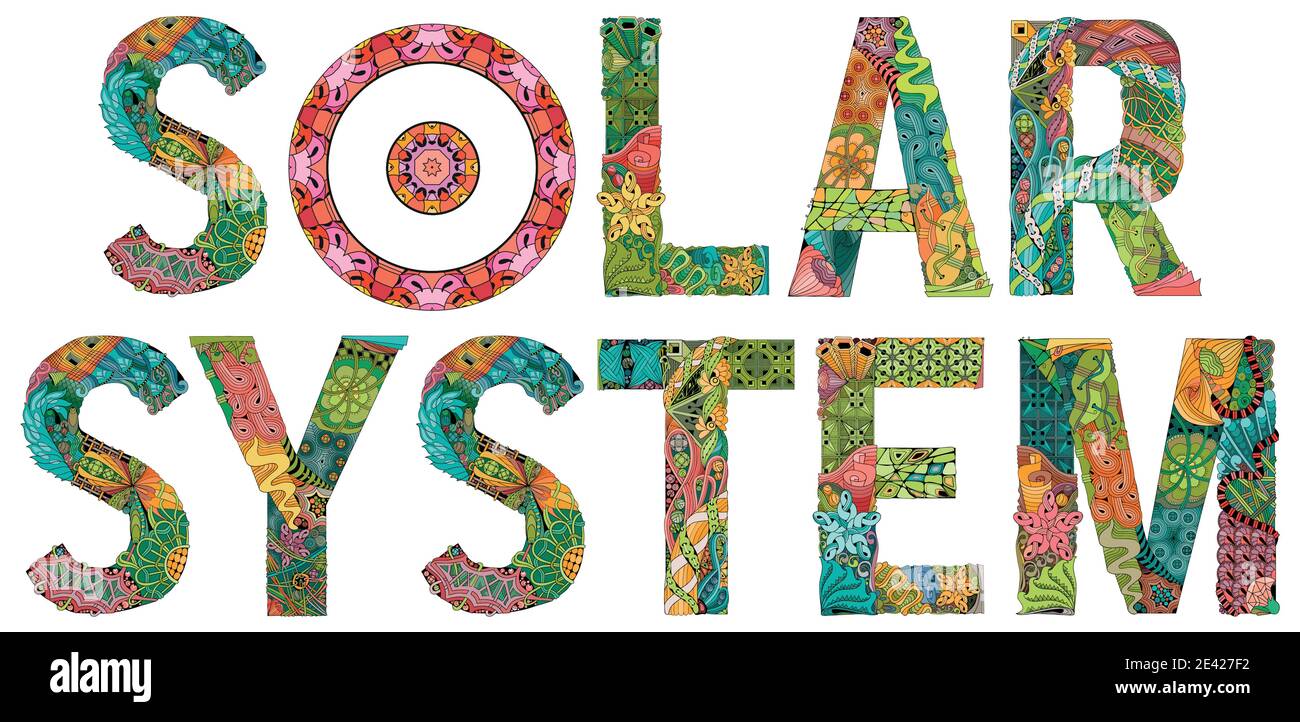 Hand-painted art design. Hand drawn illustration words Solar system ...