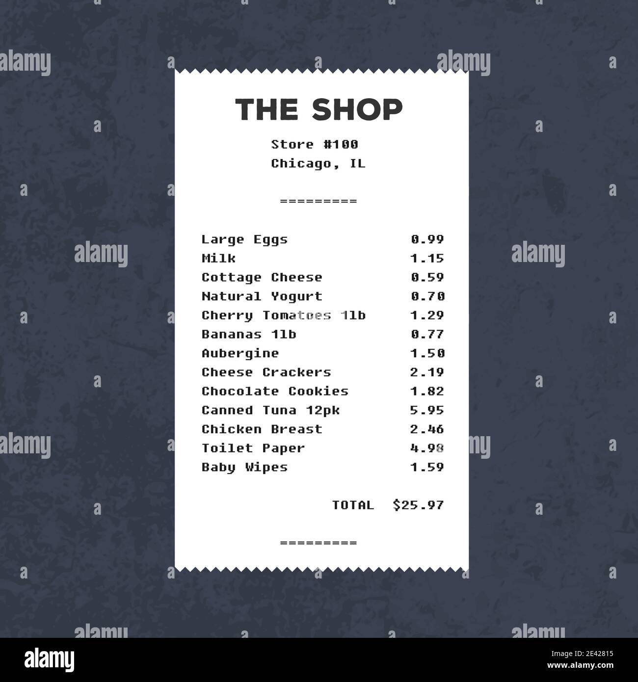 Supermarket paper receipt vector illustration template. Household ...
