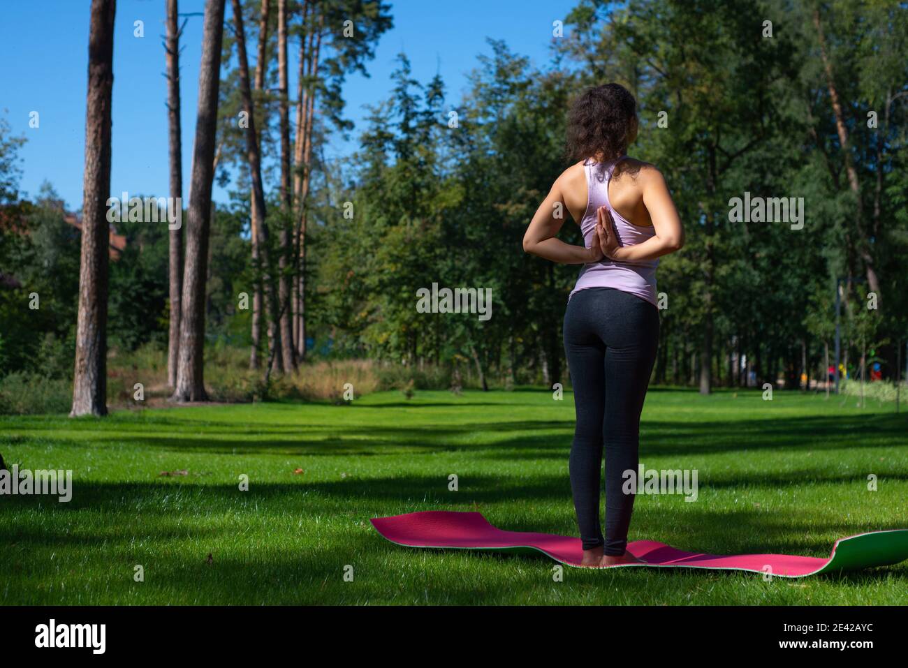 Back view to woman standing on yoga mat and performing yoga outdoor in ...