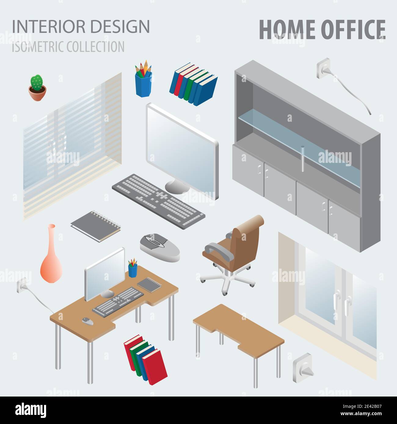 3d isometry interior design collection. Home office. Vector illustration Stock Vector Image ...