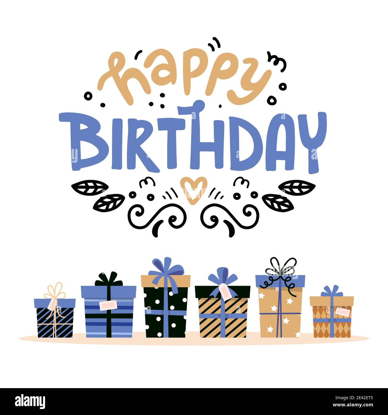Happy birthday card with lettering and gifts. Cute design for greeting ...