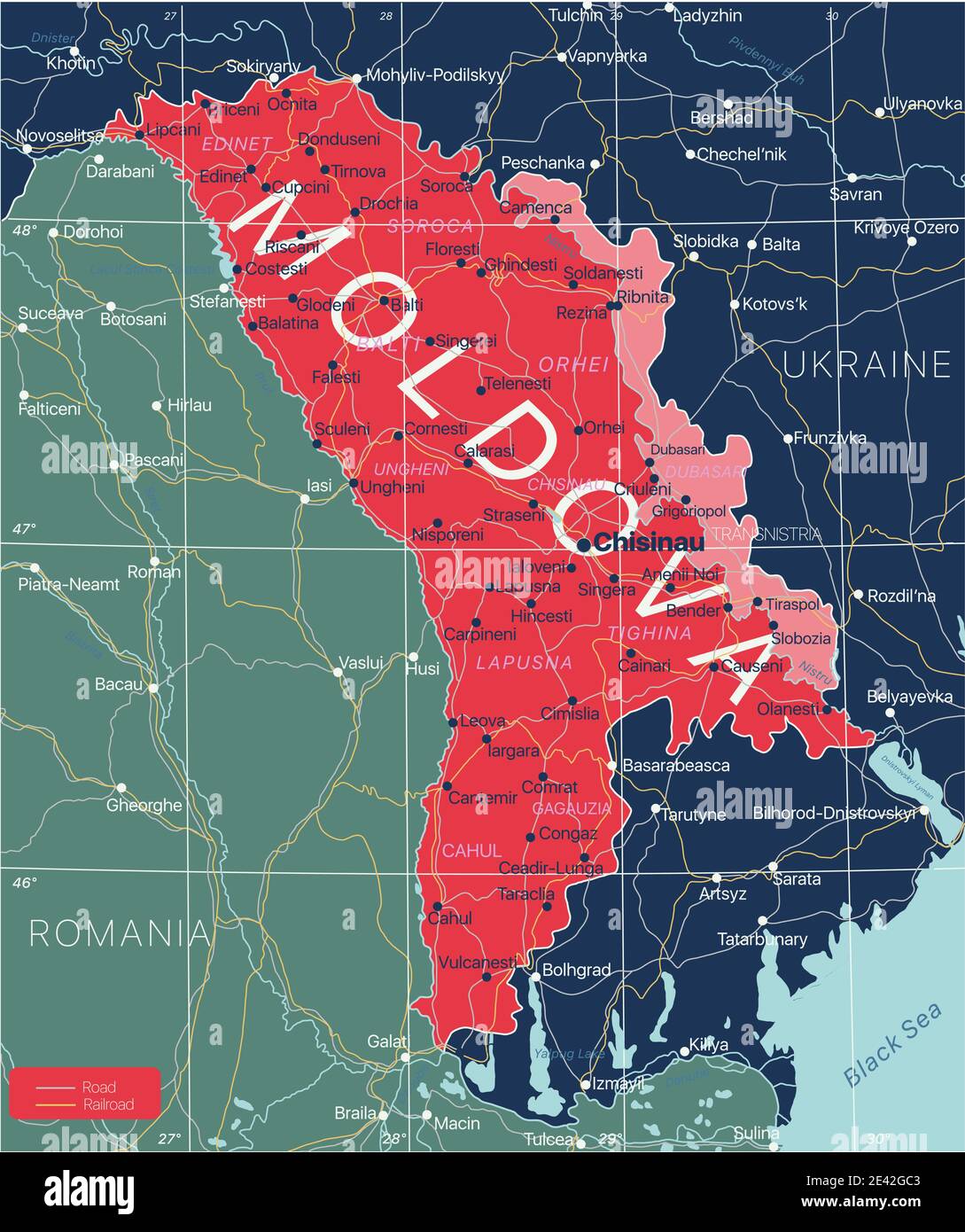 Moldova country detailed editable map with regions cities and towns ...