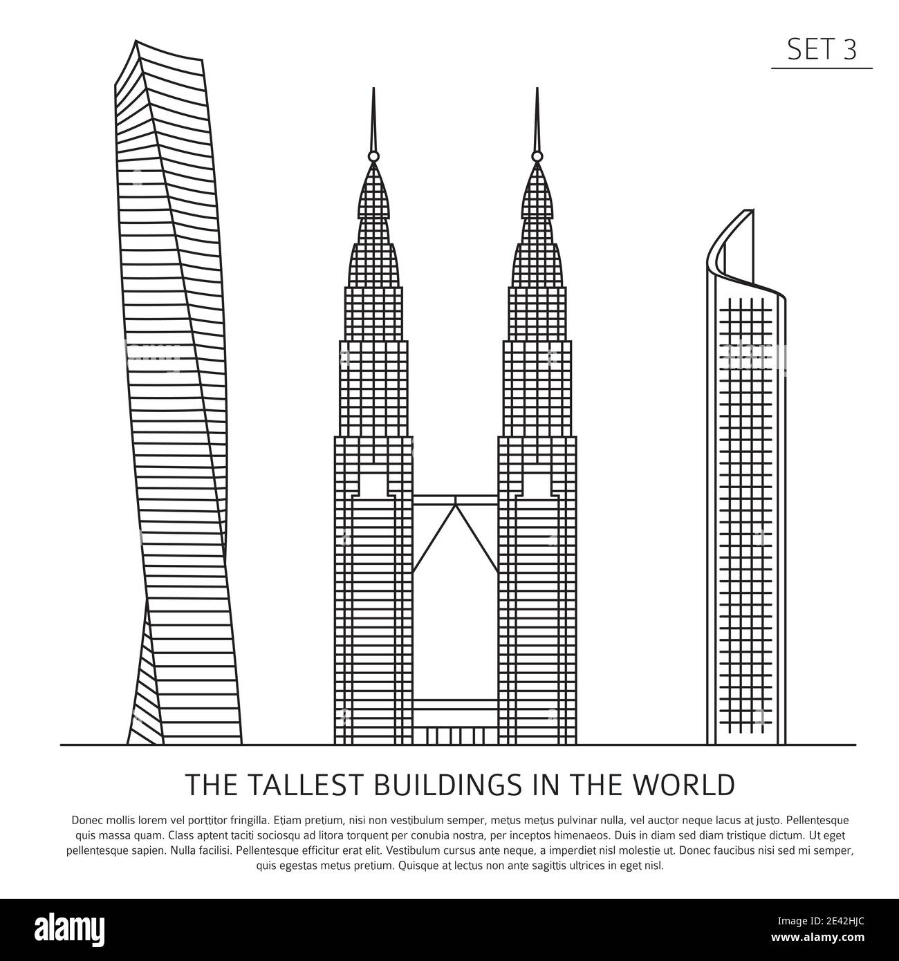 The tallest buildings in the world. Skyscrapers simple line icon set ...
