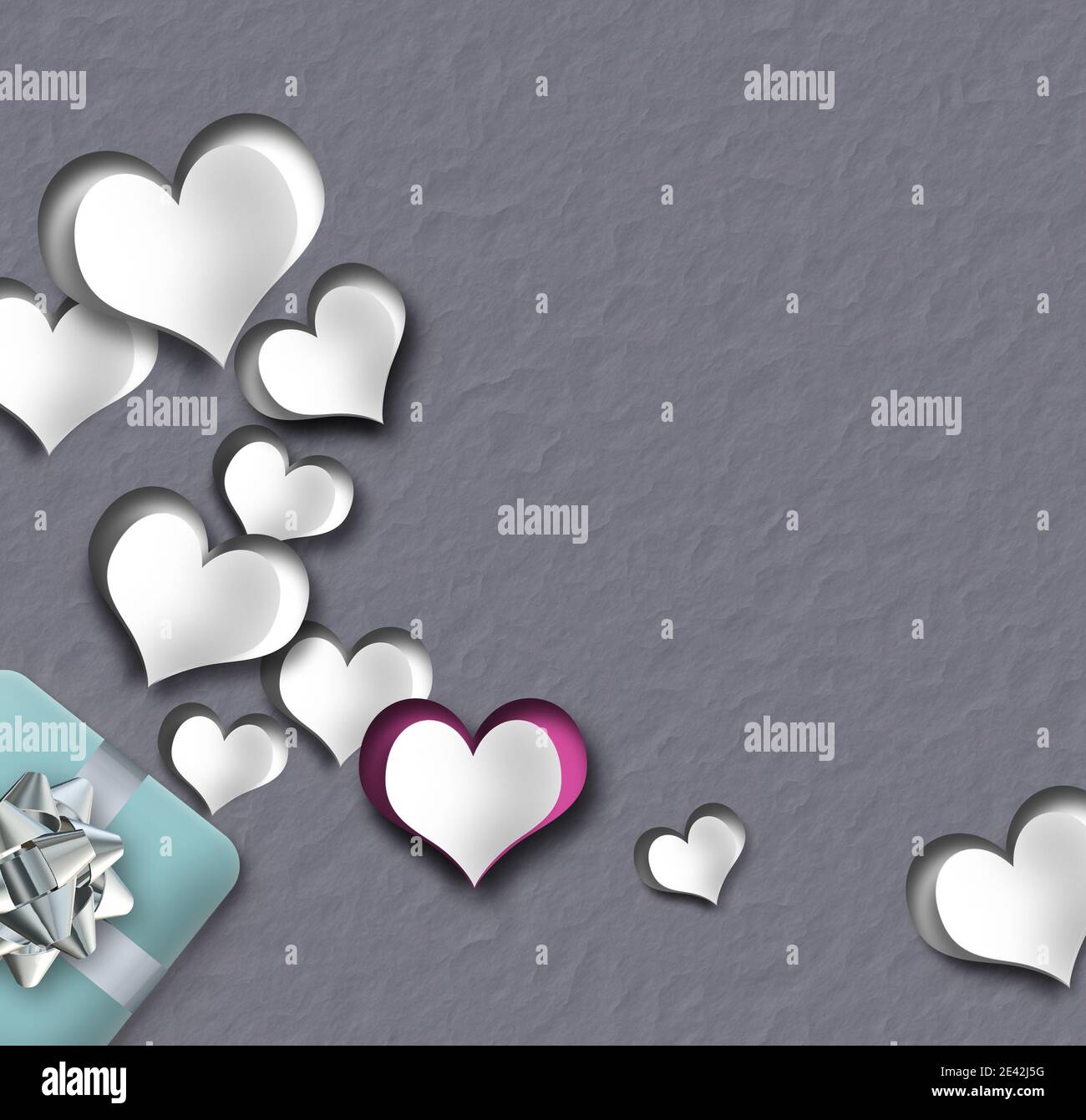 Elegant modern unusual love card, paper hearts, gift box on grey pastel ...