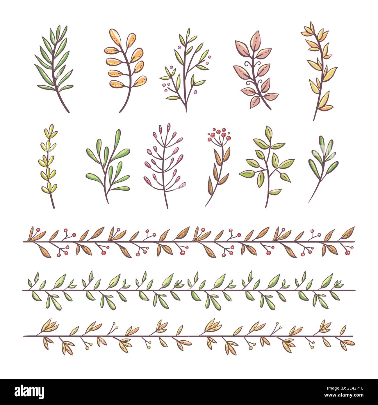 Bundle of branches with leaves and berries. Hand drawn colorful ...