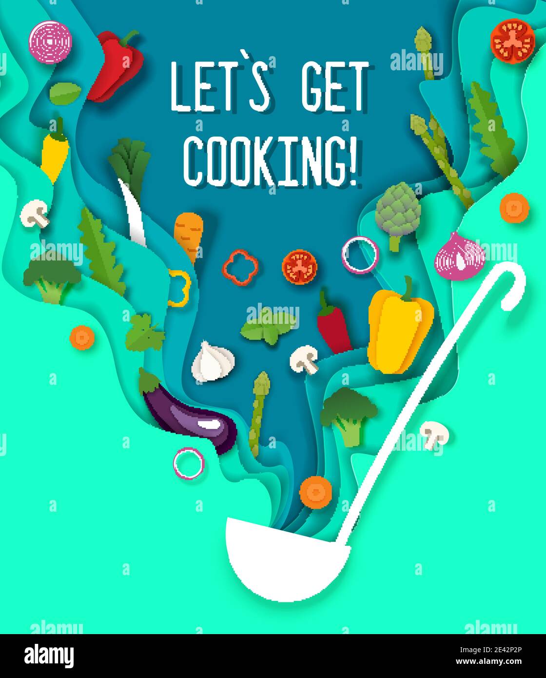 Paper cut craft style soup ladle with fresh vegetables, vector ...