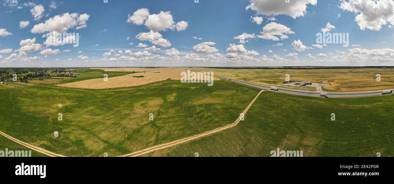 Landscape view from drone, yellow and green fields and haystacks Stock ...