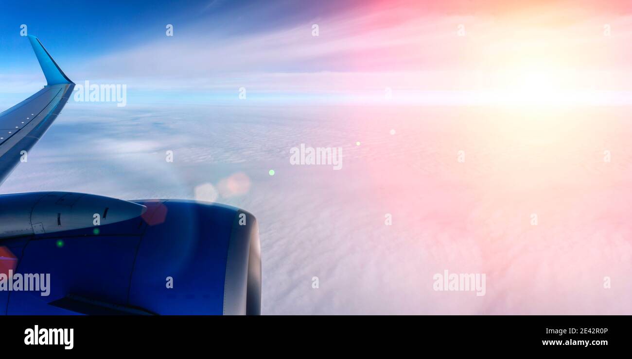 Airplane flight background. View from the airplane window to the sky ...