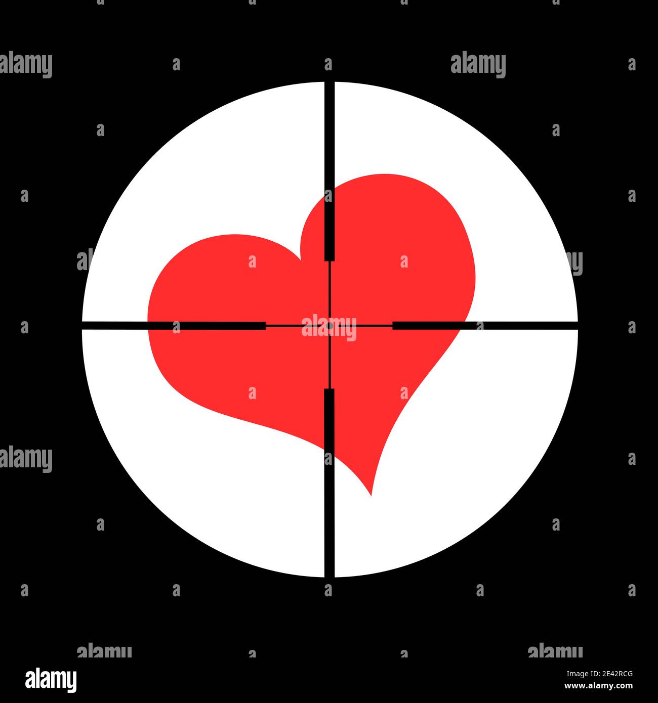 Pointing on love heart through gunsight. Shooting on symbol of romance ...