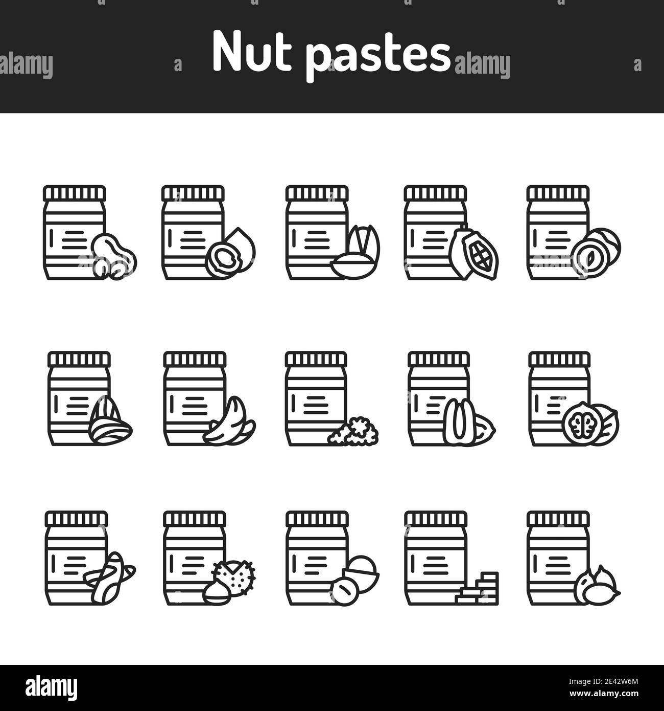 Nuts and seeds black line icons set. Isolated vector element. Outline ...