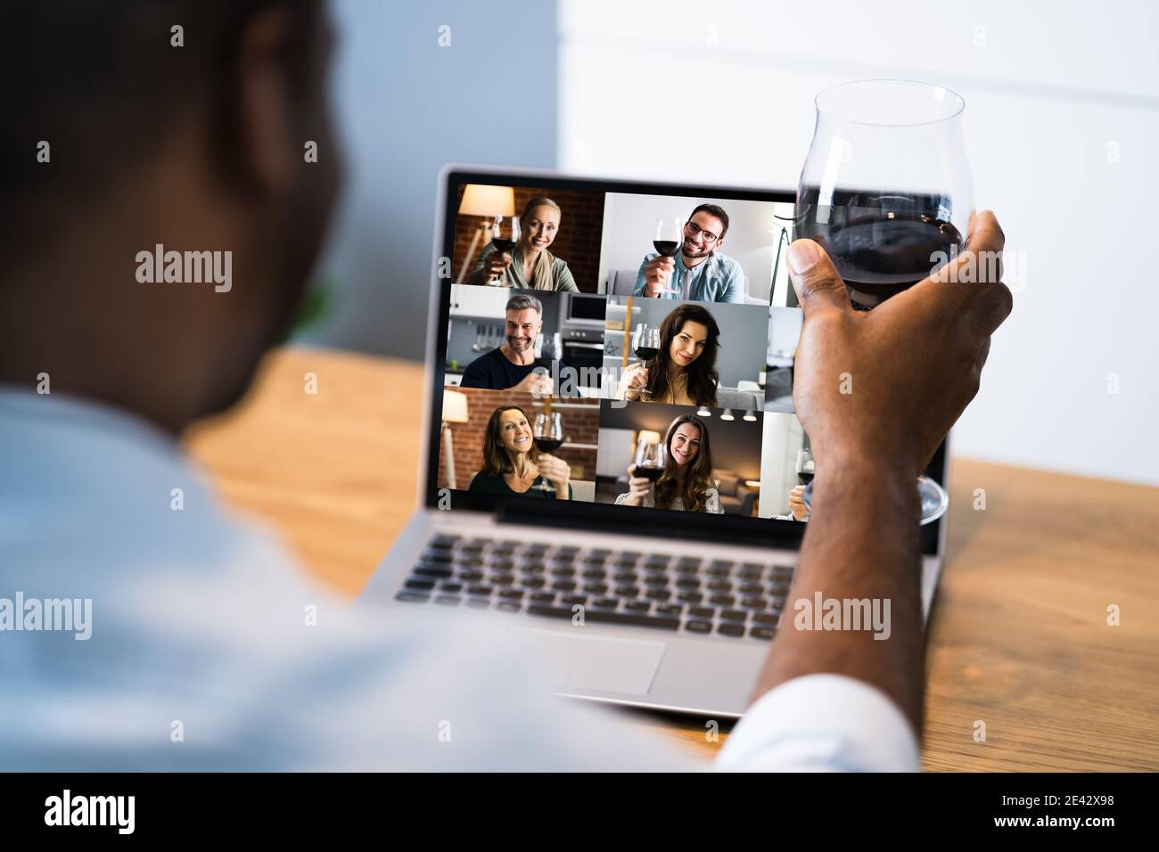 Online Video Conference Home Party Call Wine Dinner Stock Photo - Alamy