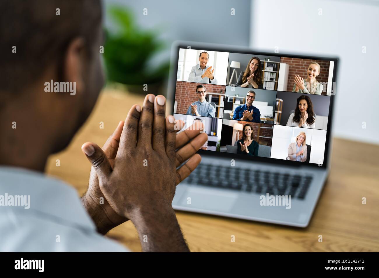 African Clapping In Virtual Video Conference Call On Computer Stock ...