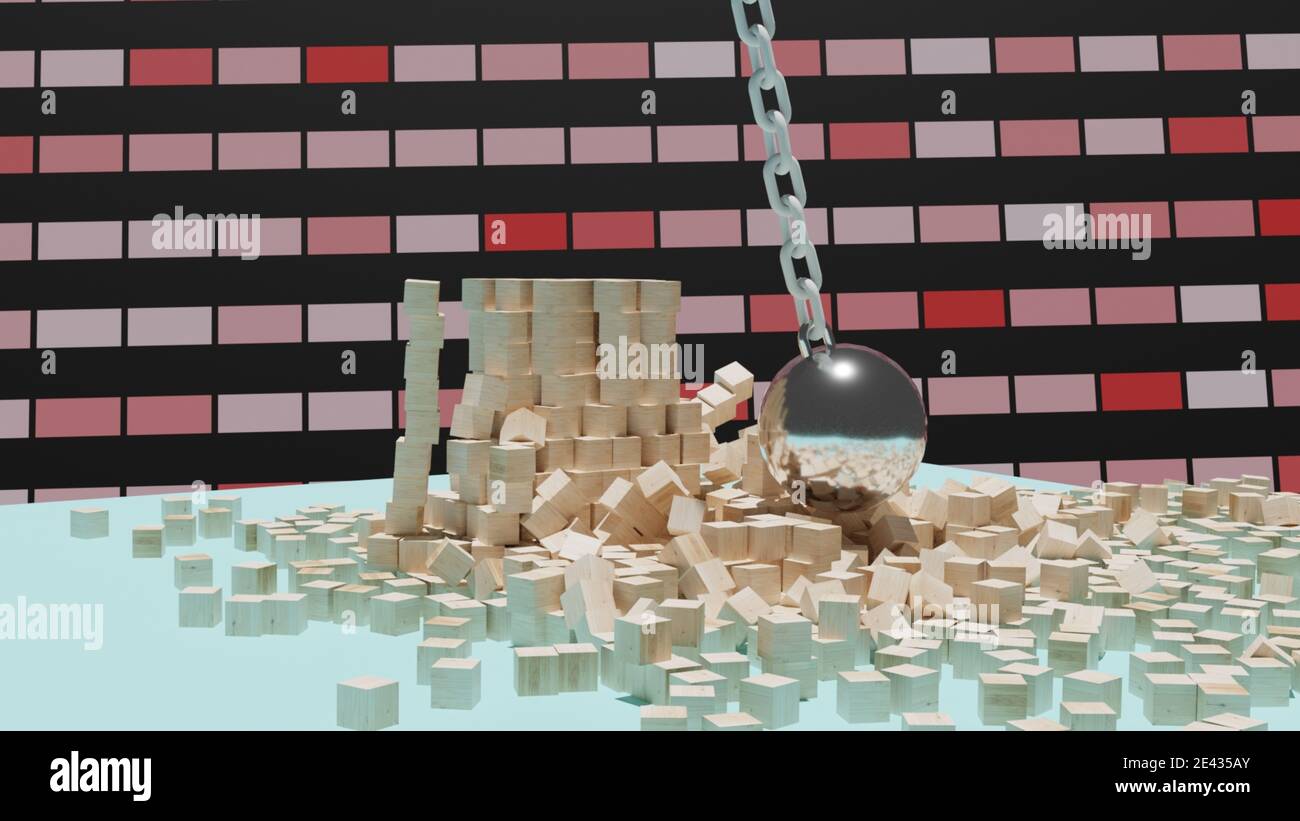 Illustration of a wrecking ball destroying a pile of wooden cube Stock ...