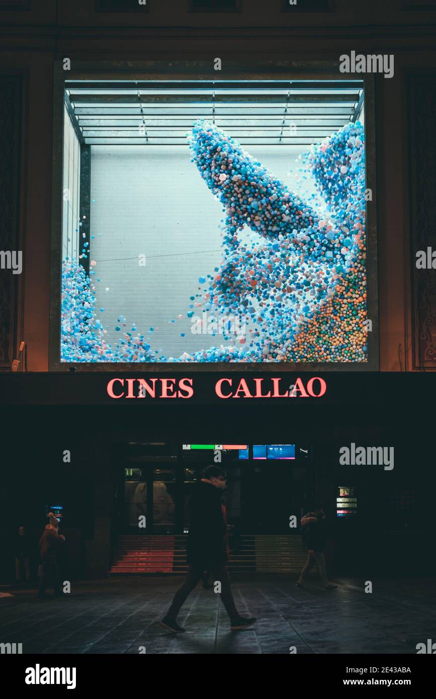 MADRID, SPAIN - Jan 16, 2021: View of the Callao Cinemas at night in ...