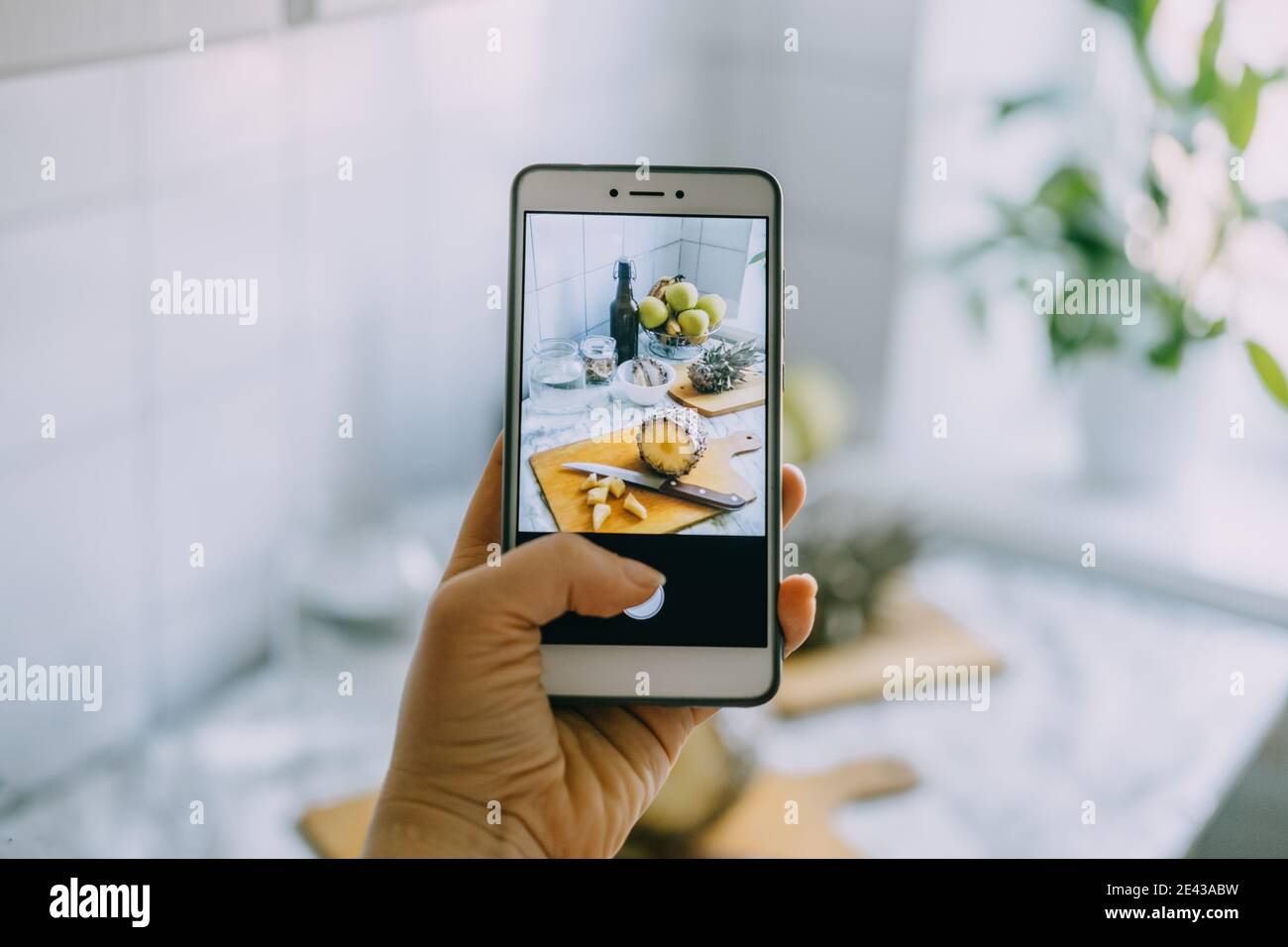 Food blogger takes photo on smartphone for social networks. Female hand ...