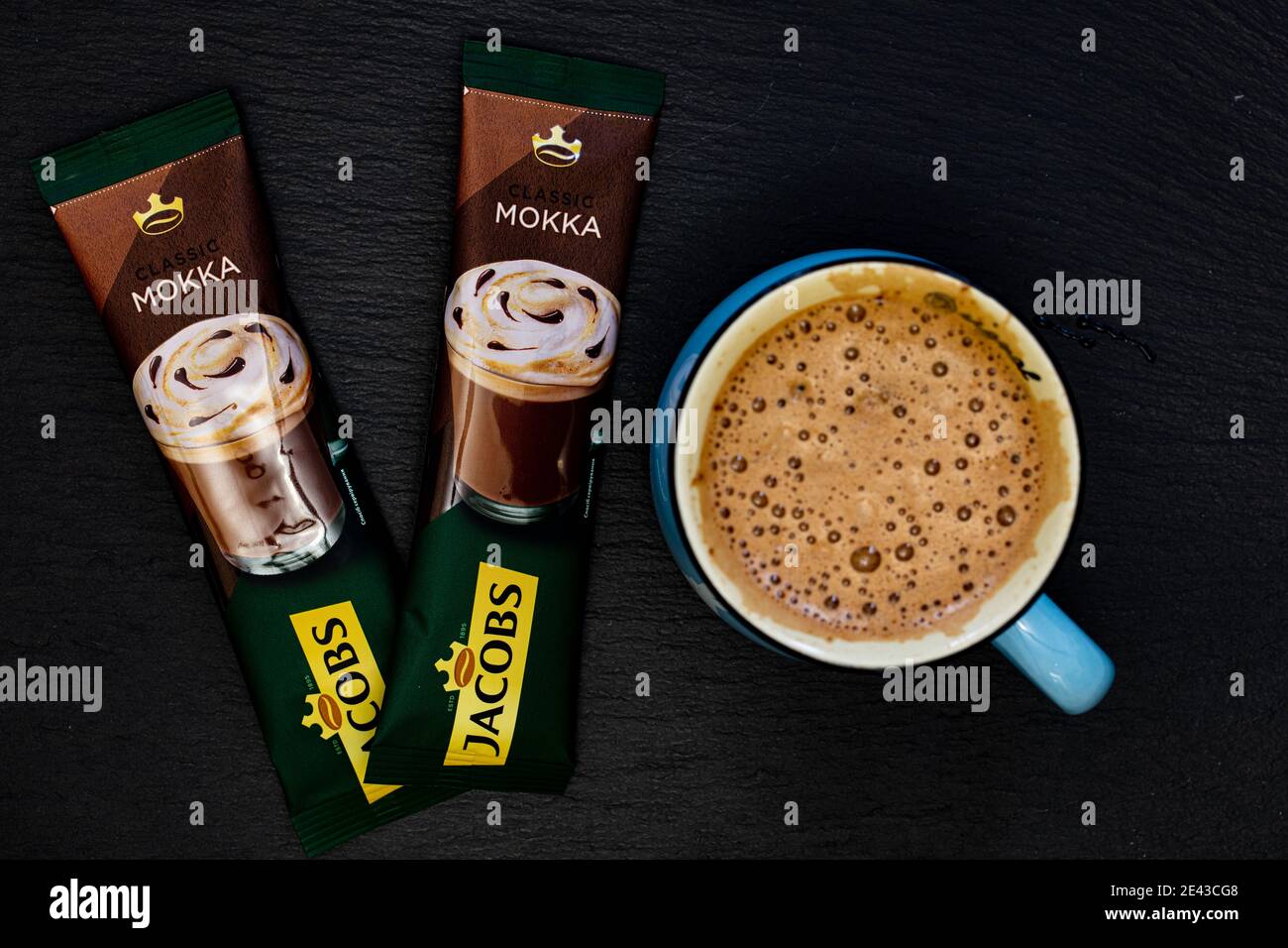 Germany - January 21, 2021: Jacobs Mokka sticks and cup of instant ...