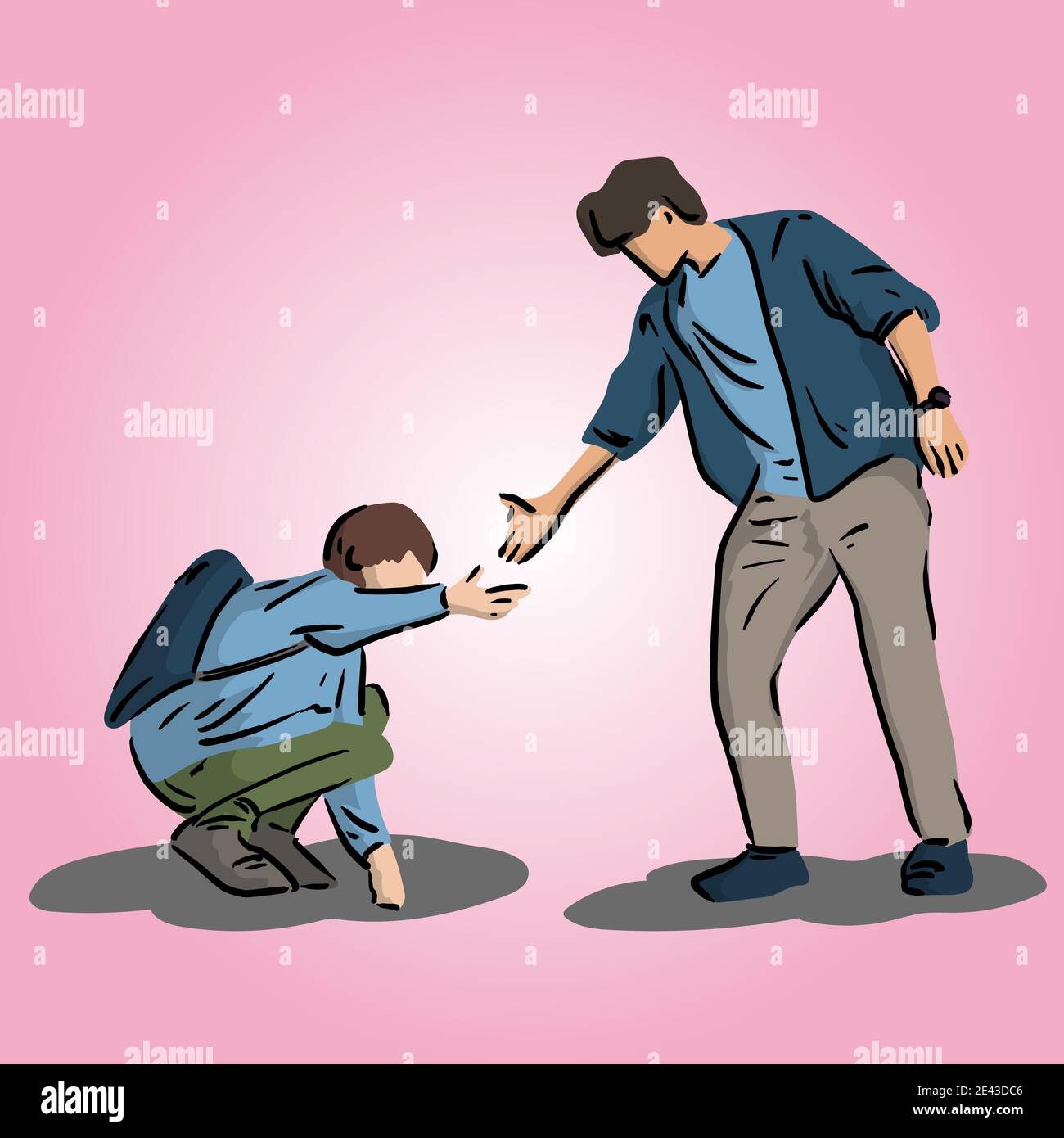 man helping his friend to get up isolated on gradient pink background ...