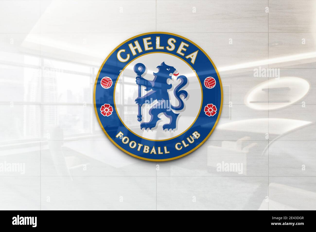 chelsea logo on reflective business wall plaque Stock Photo - Alamy