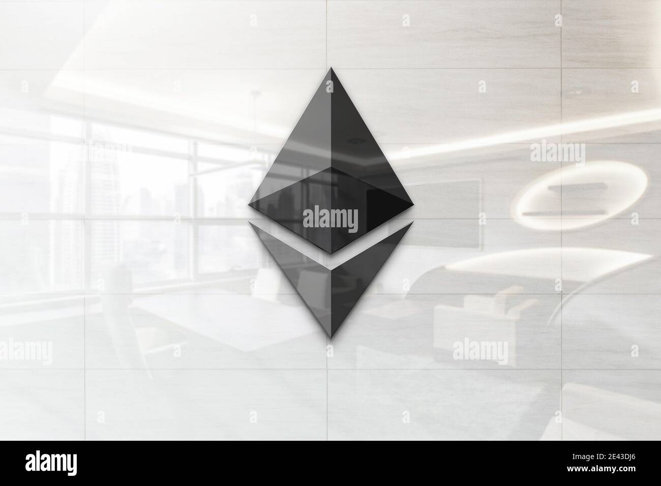 ethereum logo on glossy business office wall 3d illustration Stock ...