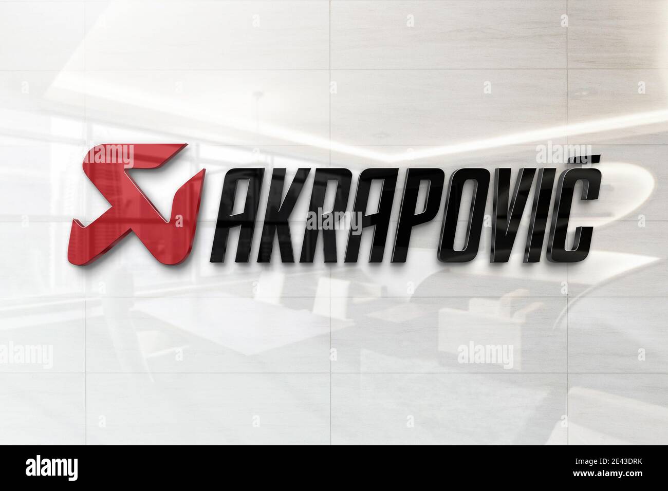 akrapovic logo on reflective business wall plaque Stock Photo - Alamy