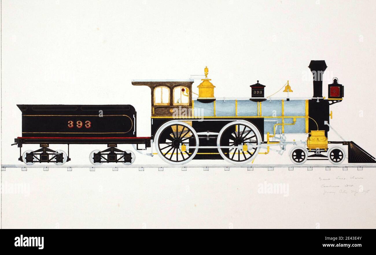Engraved hand-drawn vintage steam locomotive-engine print and coal ...