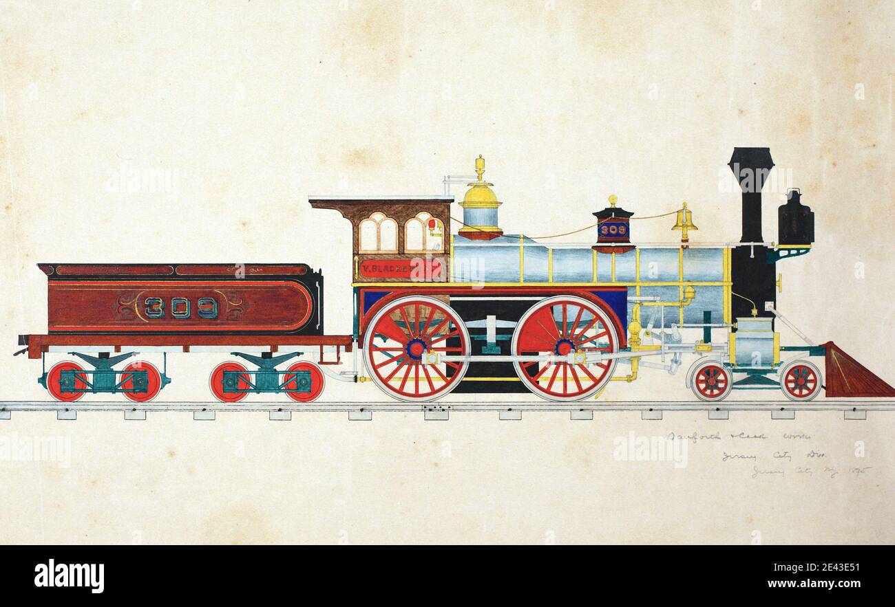 Vintage steam locomotive-engine and coal tender engraving style ...