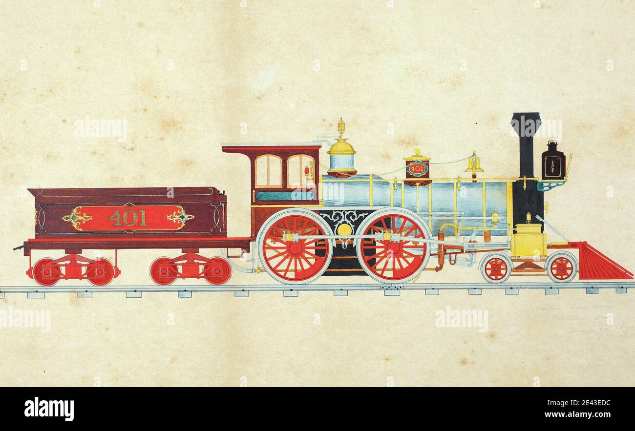 Engraved hand-drawn vintage steam locomotive-engine print and coal ...