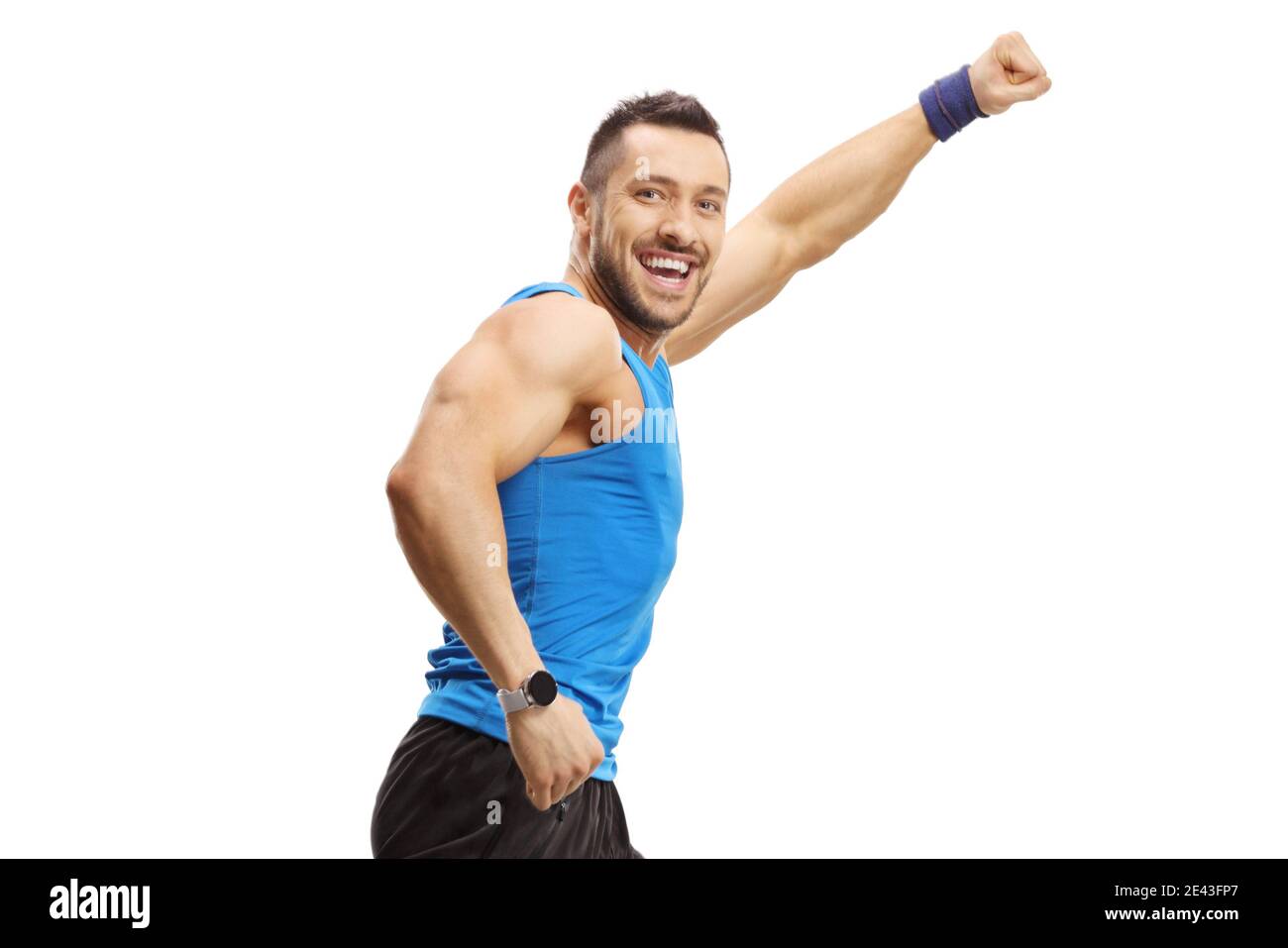 Muscular young man running and gesturing with hand isolated on white ...