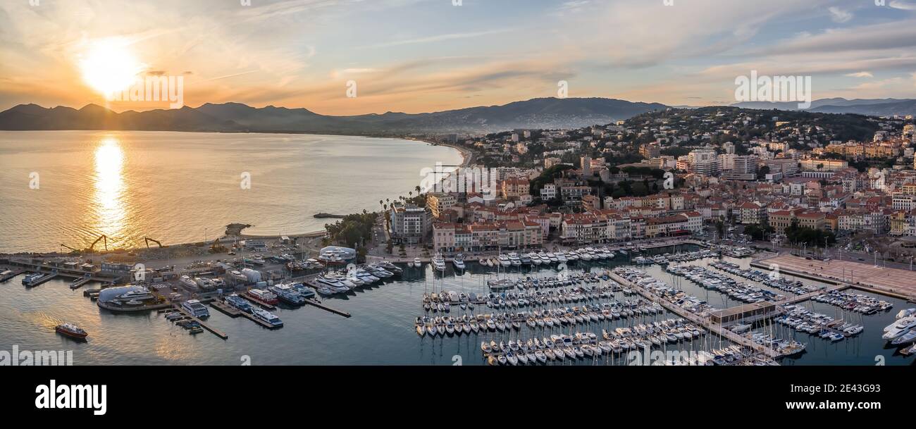 Cannes France city and marina aerial panorama during sunset Stock Photo ...