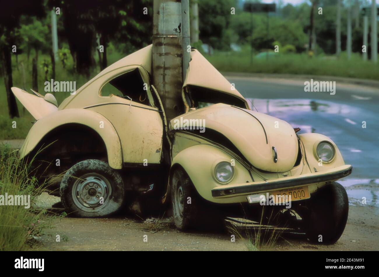 Crashed Volkswagen Beetle at side of road, Itaguai, Brazil (Road ...