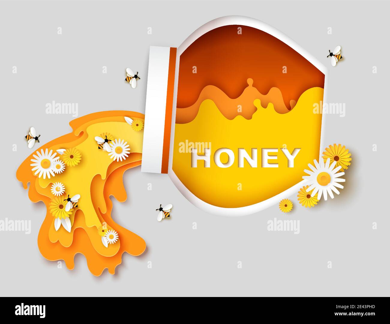 Natural honey vector poster template. Paper cut glass honey jar, cute ...