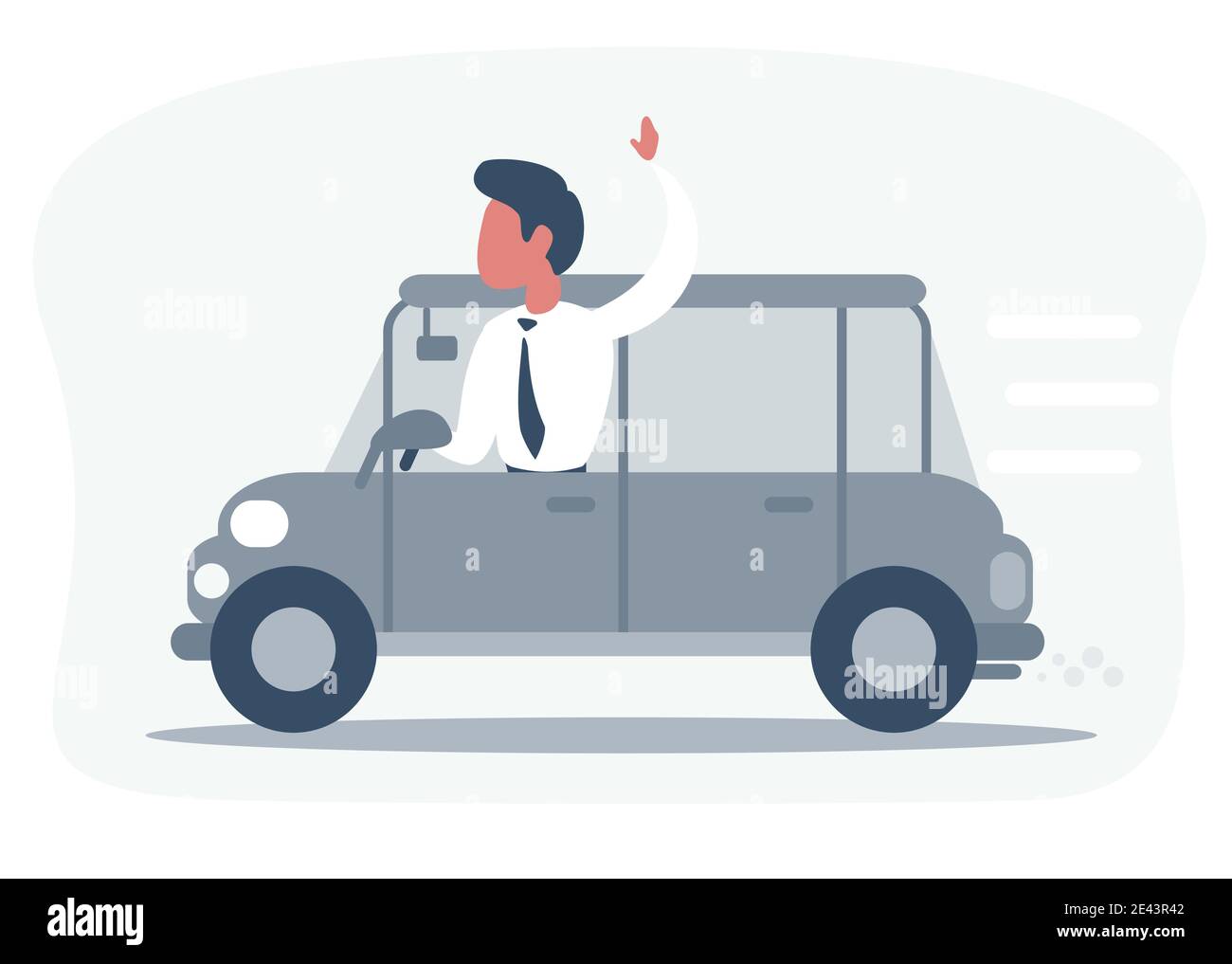 Businessman driving the car and waving to someone. Saying hello. Vector ...