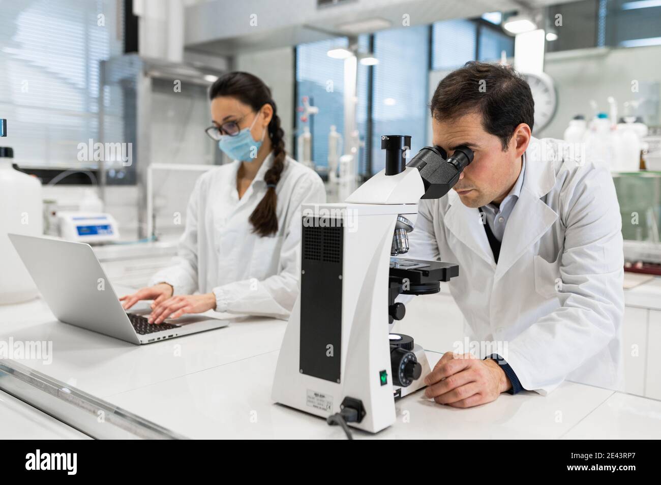 Concentrated male scientist using microscope and analyzing chemical samples while female ...
