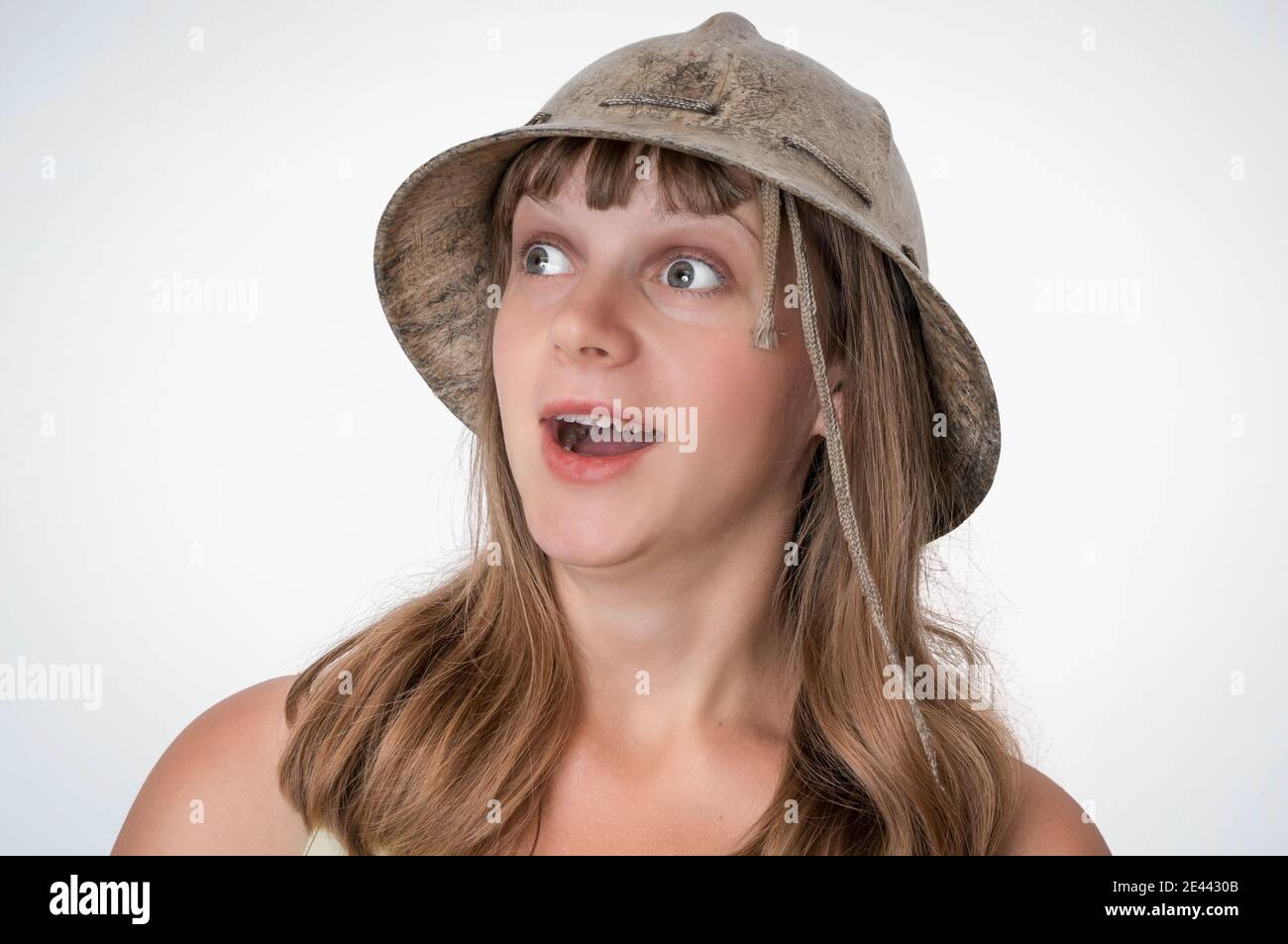 Scared explorer woman with helmet isolated on white background Stock ...
