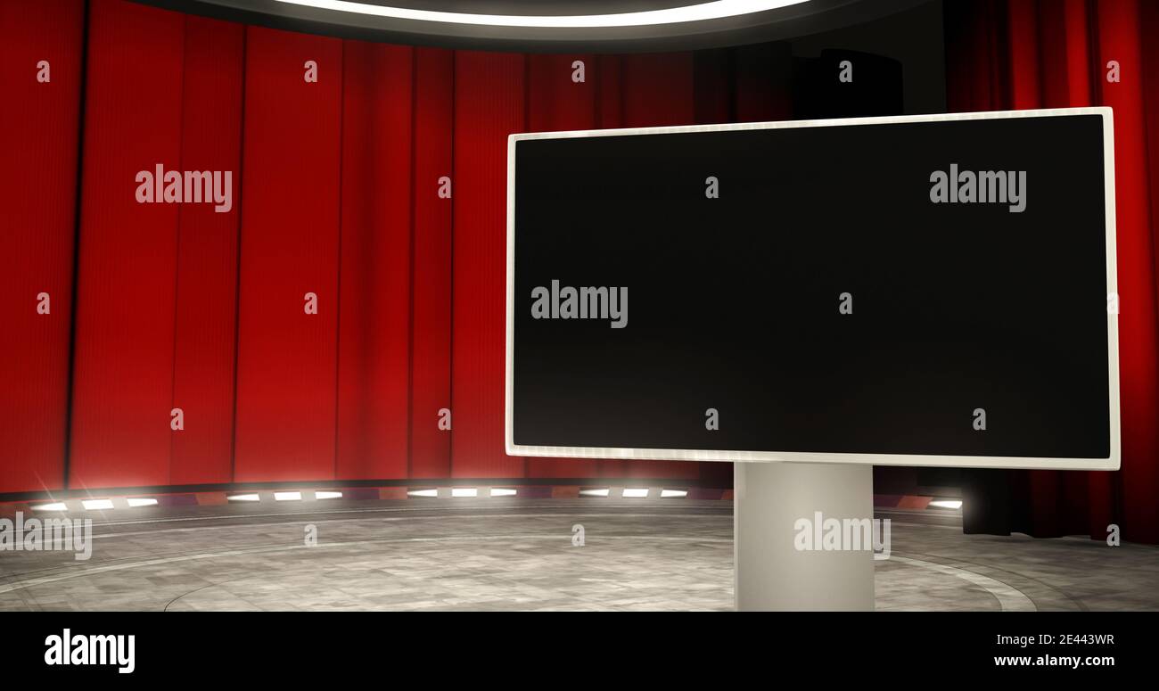 Theatrical TV show virtual studio set with an empty screen monitor. A ...