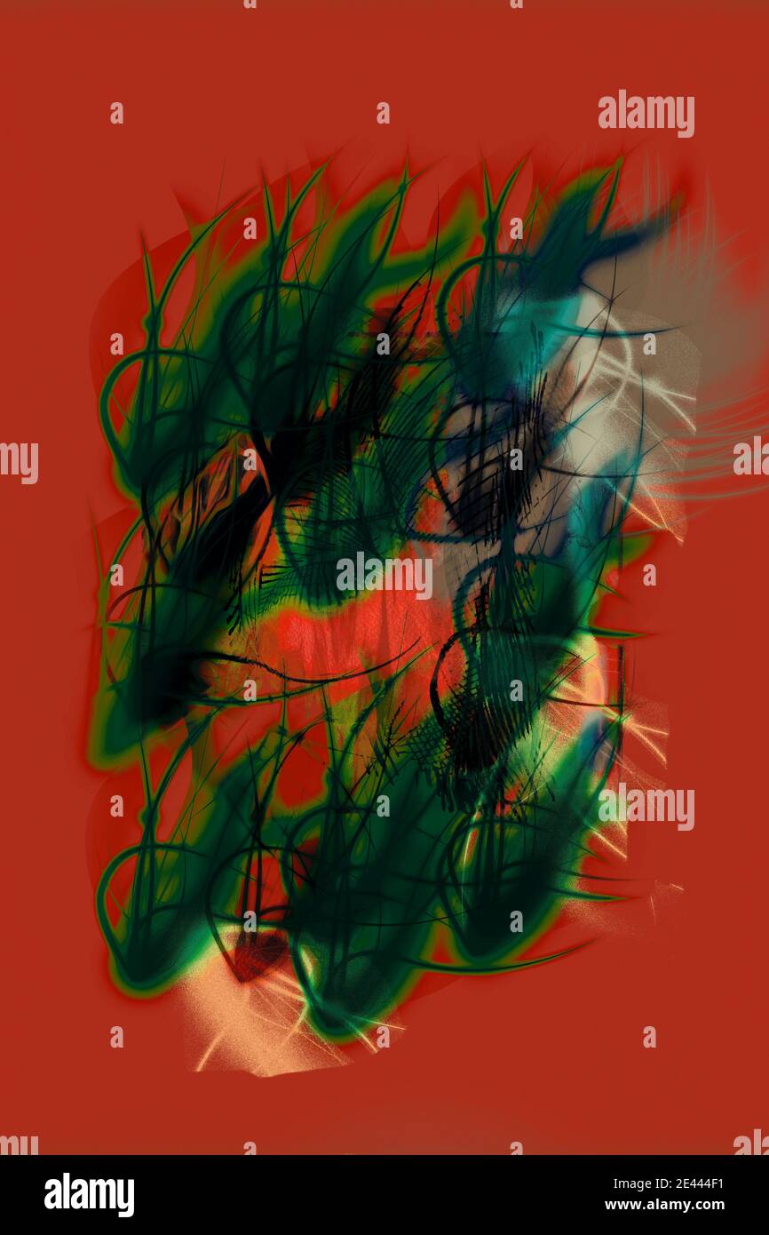 abstract figure where green and black colors stand out on a red ...