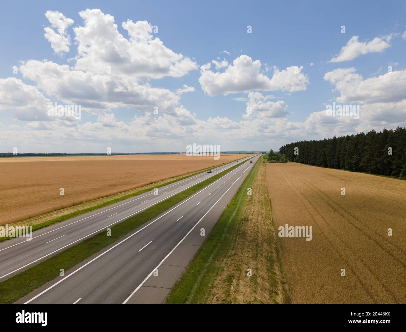 Photo from a flying drone, highway road on a sunny day in summer Stock ...