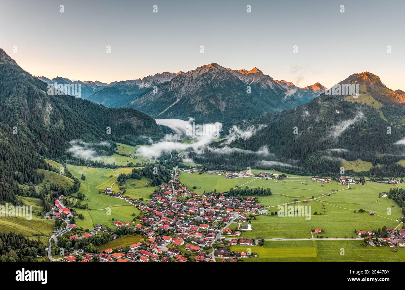 Aerial view of German Village Bad Oberdorf at sunrise near Zugspitze ...