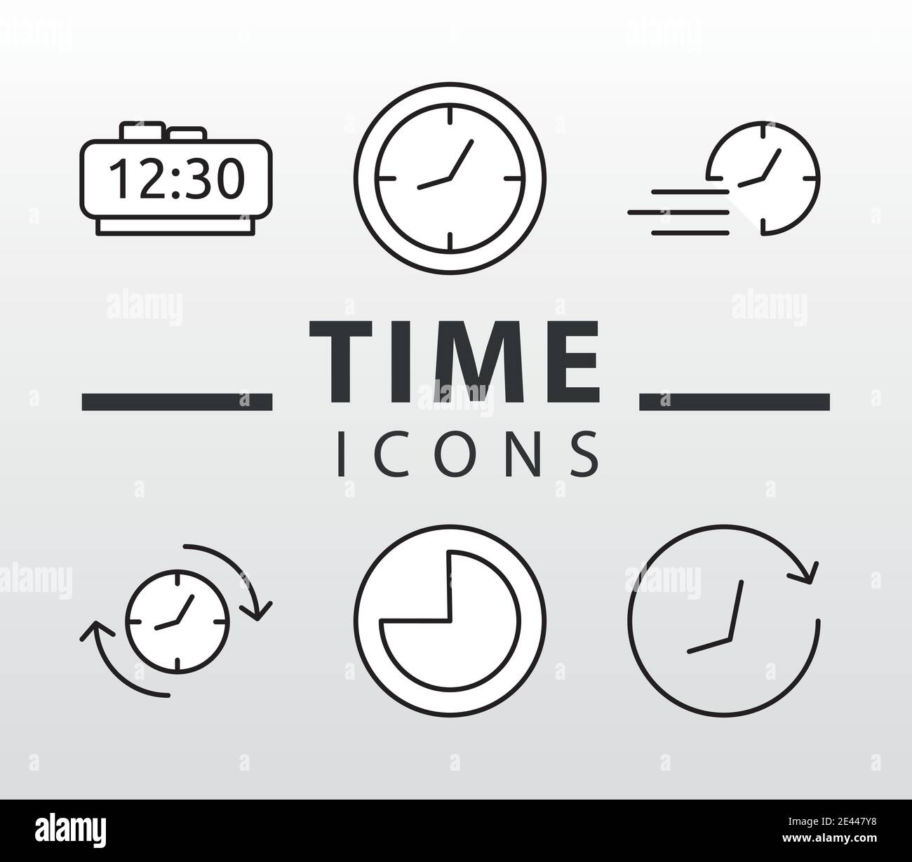 bundle of six time clocks line style set icons and lettering vector ...