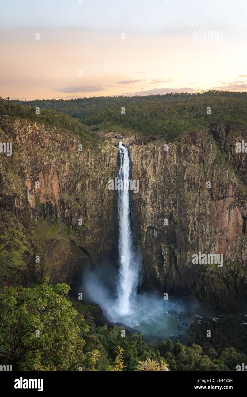 Spectacular aerial view of powerful Wallaman Falls flowing through ...