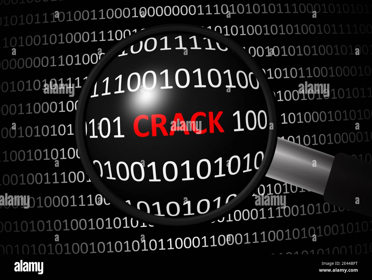 Binary code with crack and magnifying lens on black background Stock ...