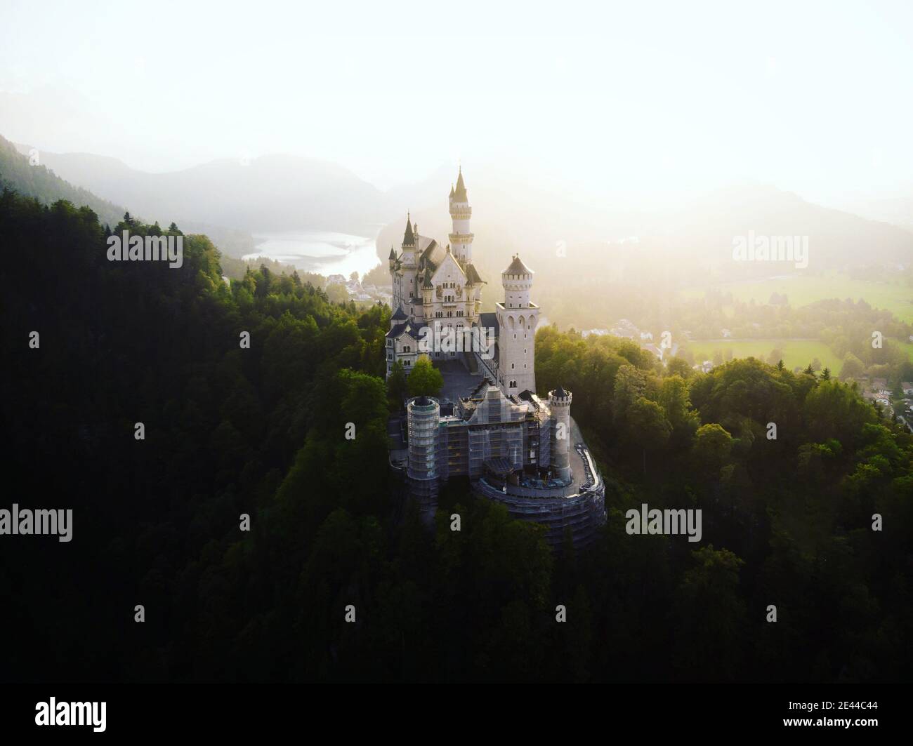 Aerial panorama sunset view of bavarian alpine mountain landscape with ...