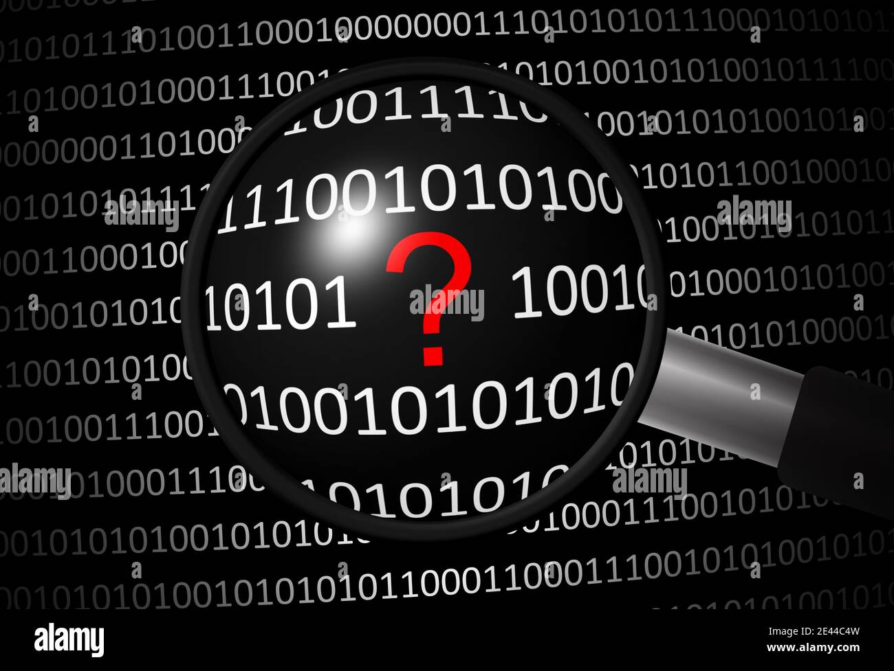 Binary code with question mark and magnifying lens on black background ...
