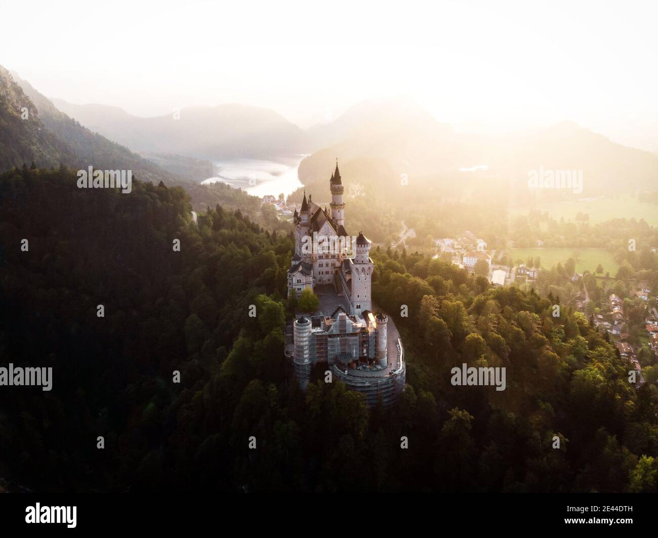 Aerial panorama sunset view of bavarian alpine mountain landscape with ...