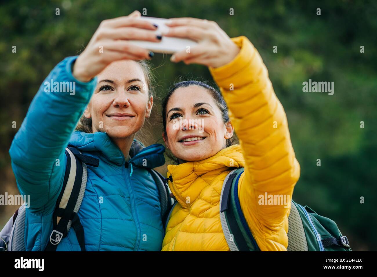 Delighted female hikers taking selfie on smartphone while standing in ...