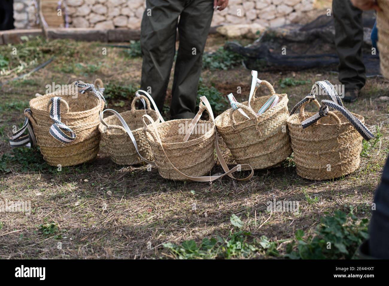 Crop unrecognizable farmers standing near wicker baskets in yard during ...