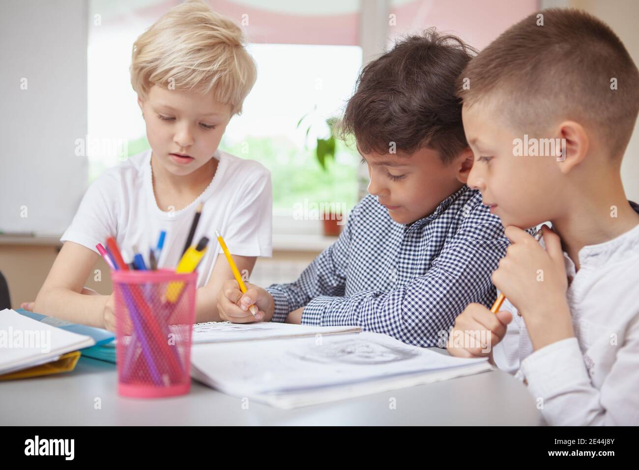 Childhood, communication concept. Group of little kids working on art ...