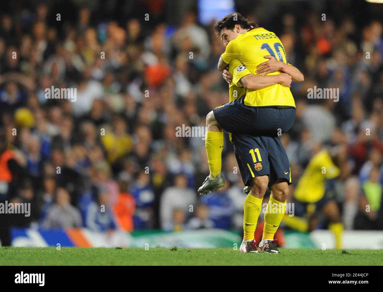 Barcelona's Lionel Messi celebrates with his teammates Bojan Krkic ...
