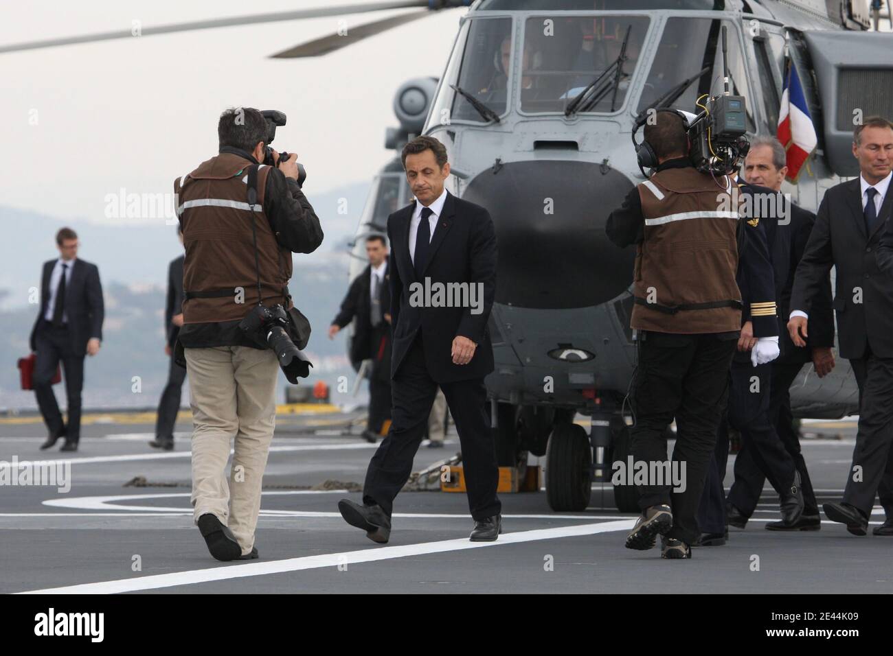 French president Nicolas Sarkozy aboard Mistral warship in Sainte ...