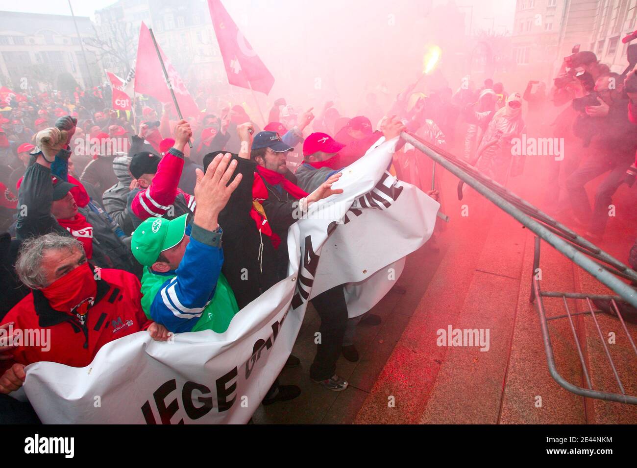 ArcelorMittal employee demonstrate outside the headquarters of the ...